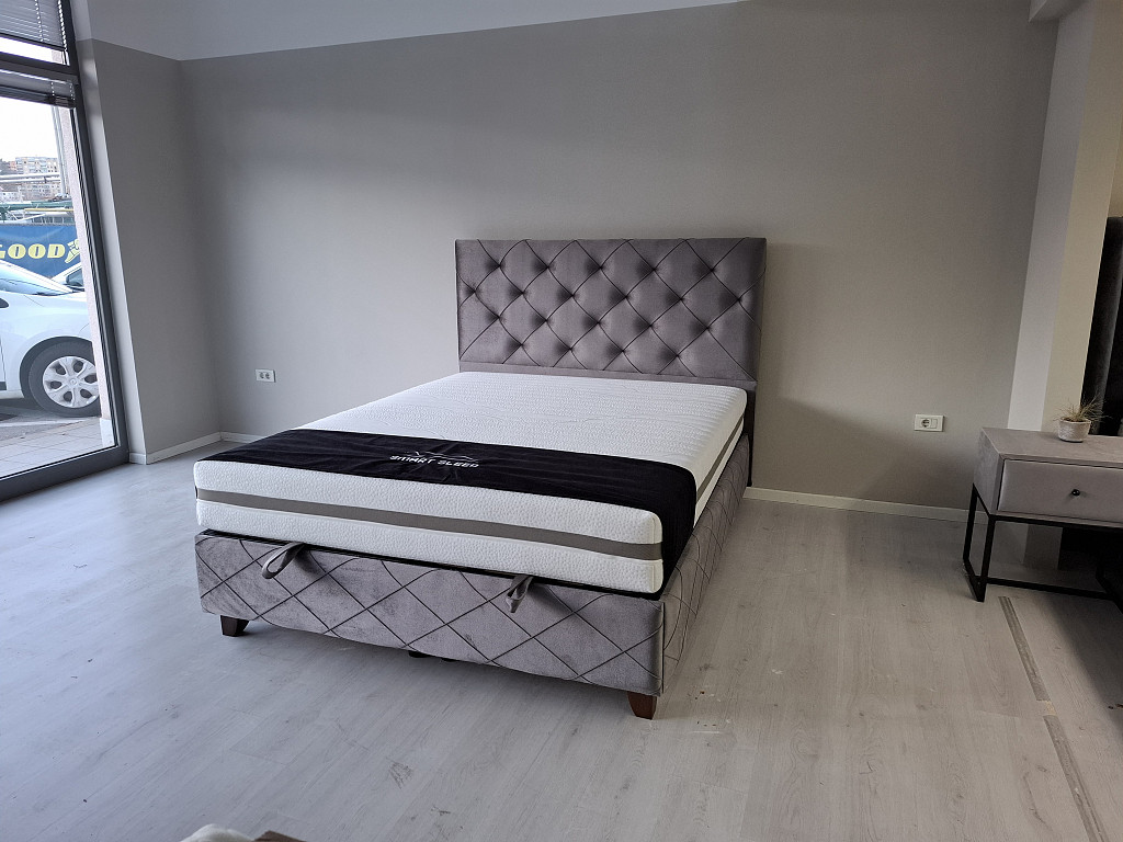Boxspring postelja Dali, Komplet z dvižnim dnom, predalom in vzmetnico ...